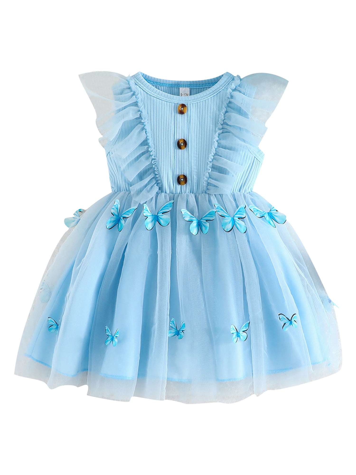 Suealasg Toddler Baby Girl Princess Dress Ruffle Sleeveless Button Front 3D Butterfly Tulle ...