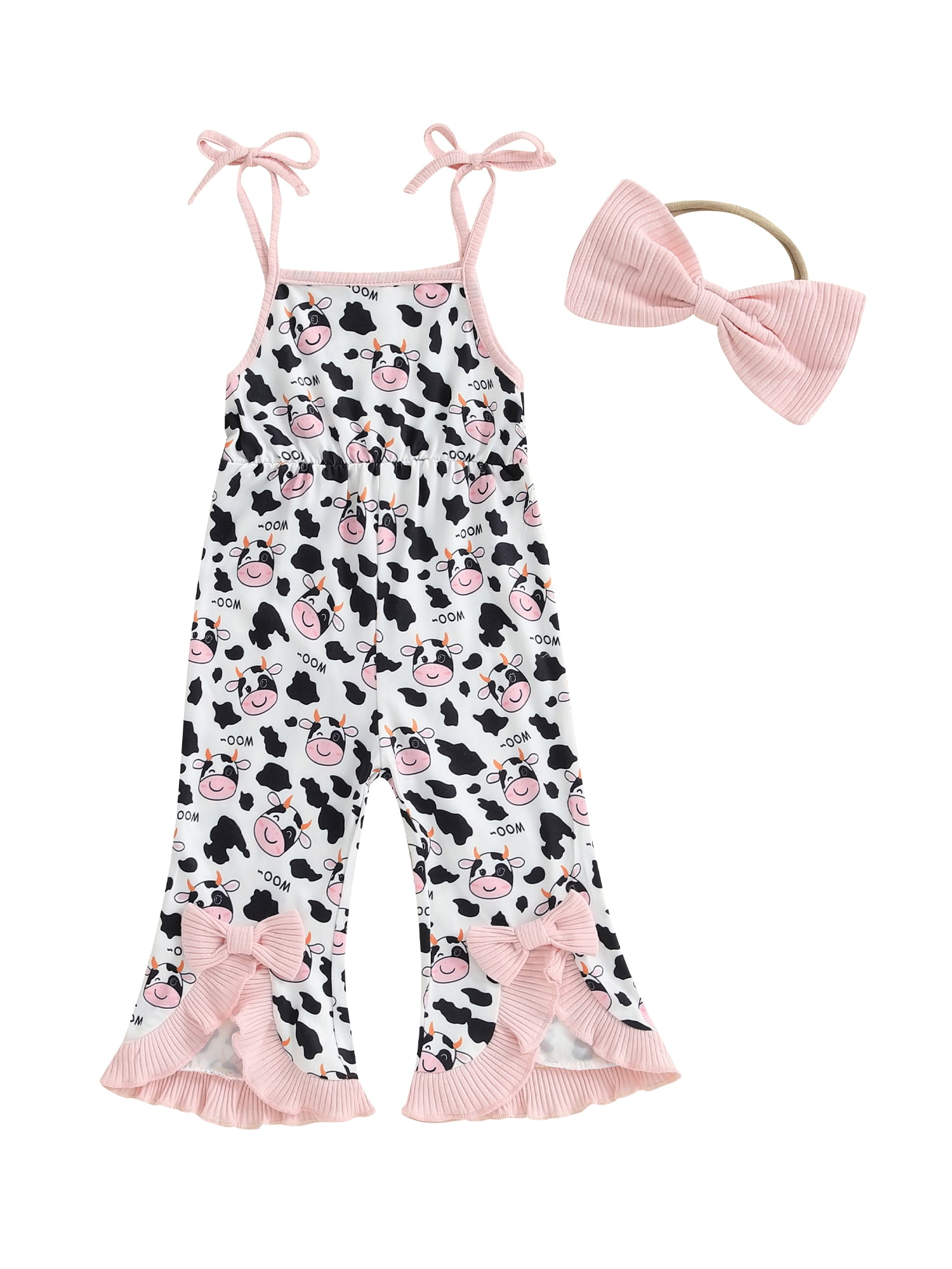 Suealasg Toddler Baby Girl Summer Outfit Bee Cow Print Ruffled Trim Sleeveless Bell Bottom ...