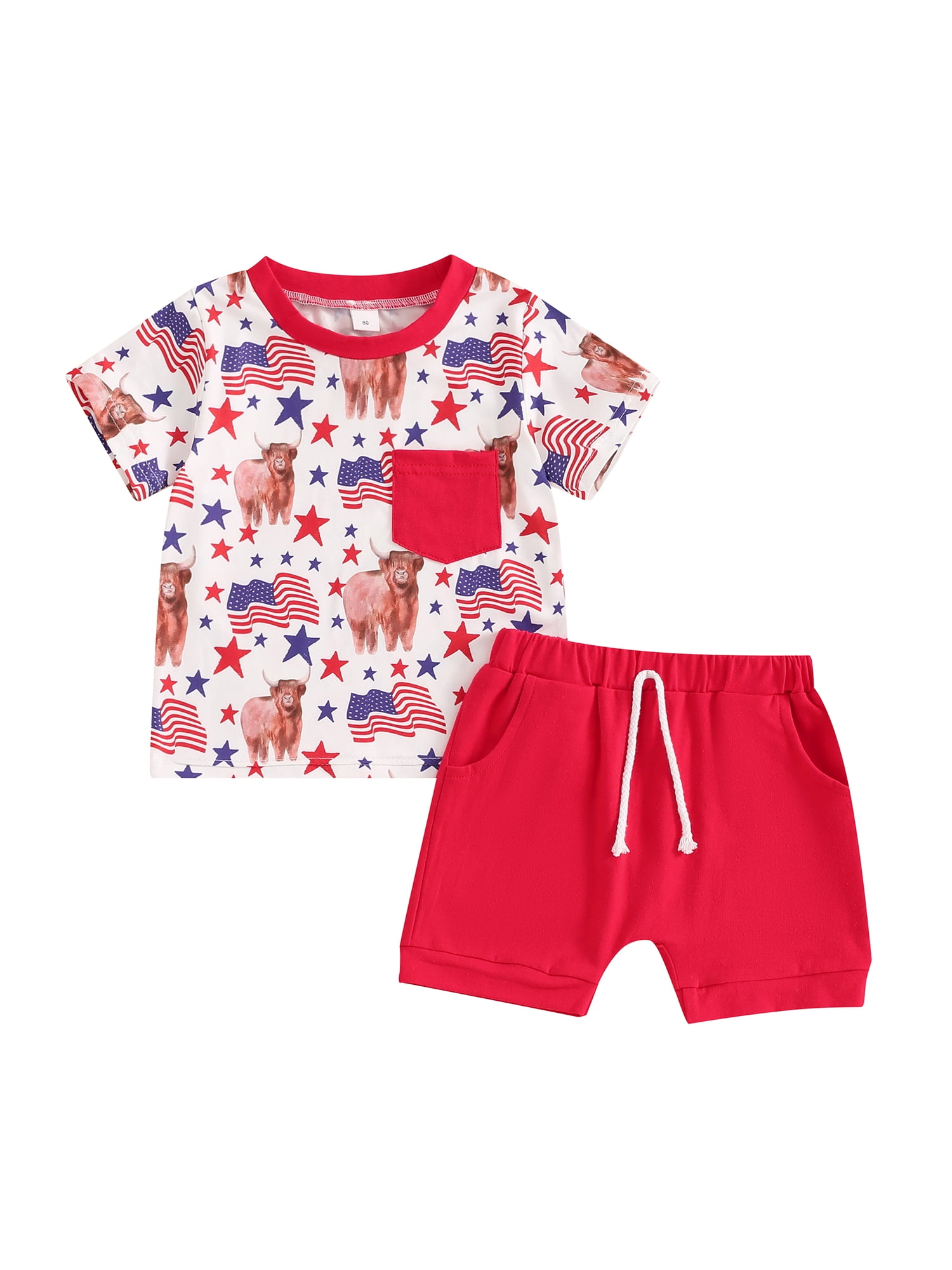 Suealasg Toddler Boy 4th of July Outfit Summer Short Sleeve Cow Print T-Shirt and Elastic Waist ...