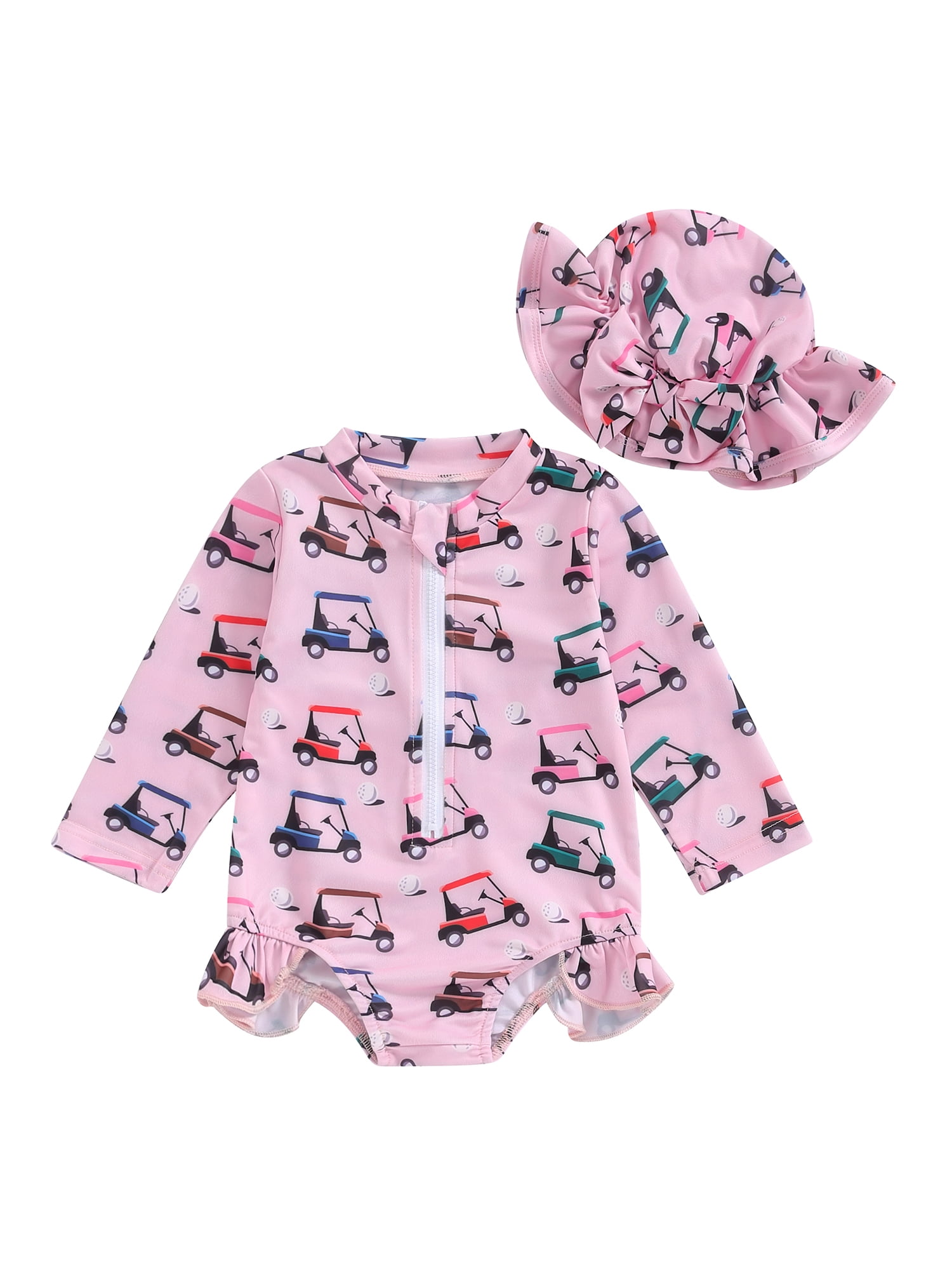 Suealasg Toddler Girl One-Piece Swimsuit Long Sleeve Golf Car Print ...