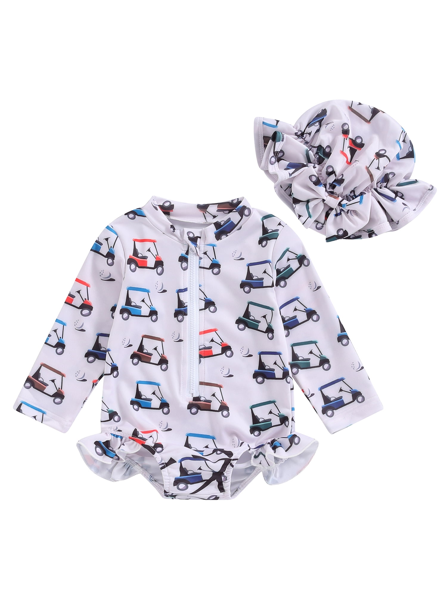 Suealasg Toddler Girl One-Piece Swimsuit Long Sleeve Golf Car Print ...