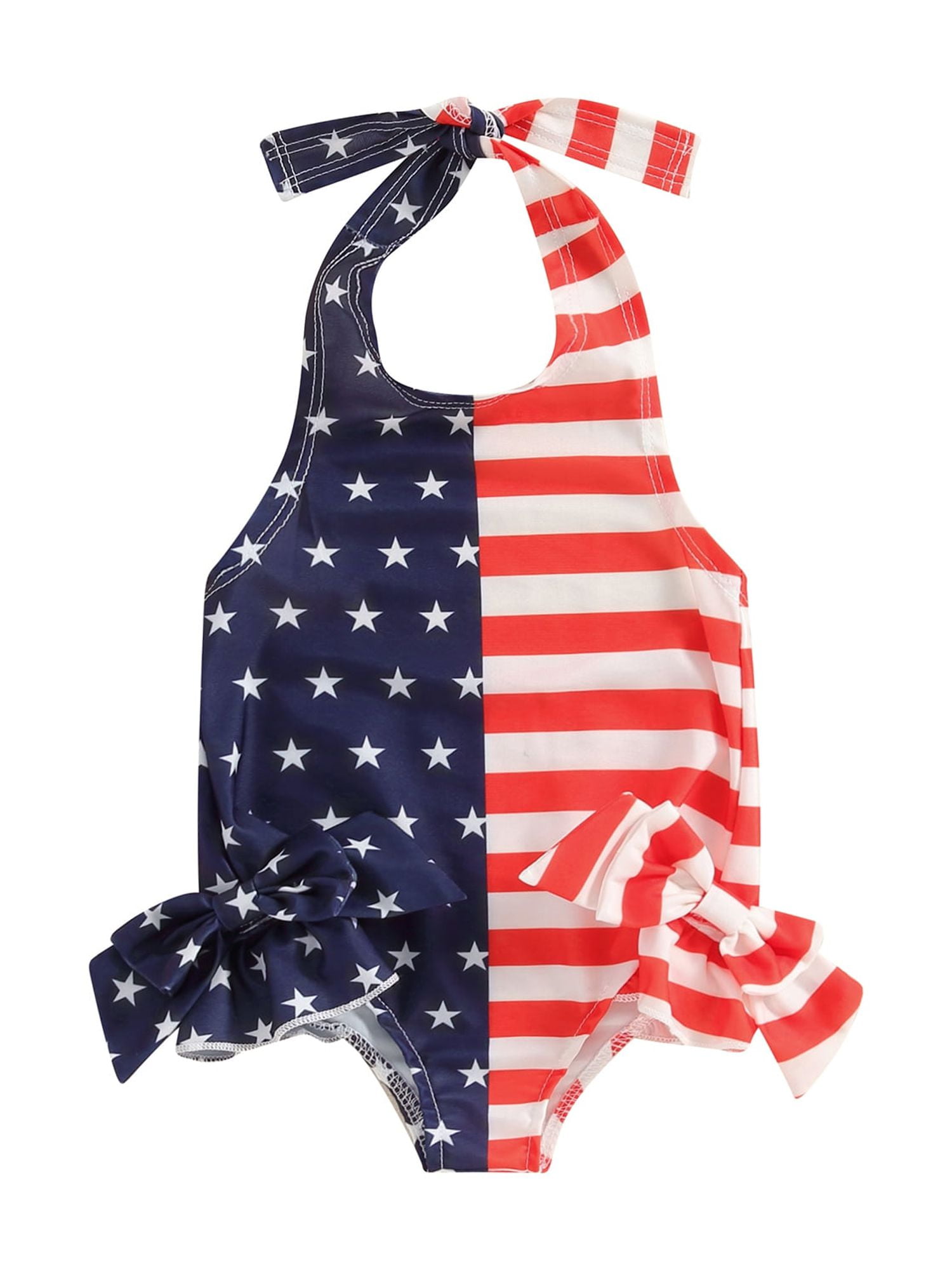 Suealasg Toddler Girls 4th of July Swimwear Sleeveless Star Stripe Print Tie-Up Halter Ruffled ...