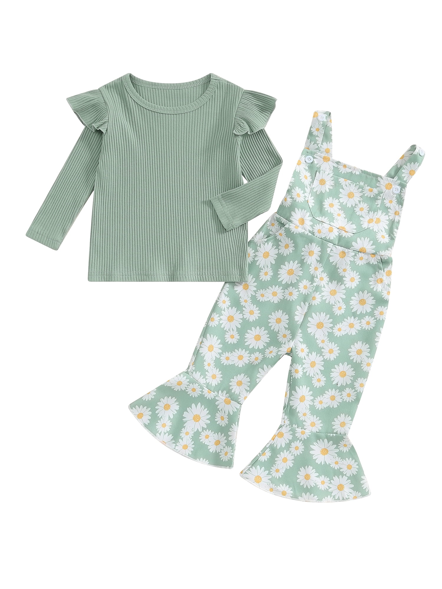 Suealasg Toddler Girls Fall Outfits Set Clothes 1T 2T 3T 4T 5T Fly Sleeve Ribbed T-shirt +Daisy ...