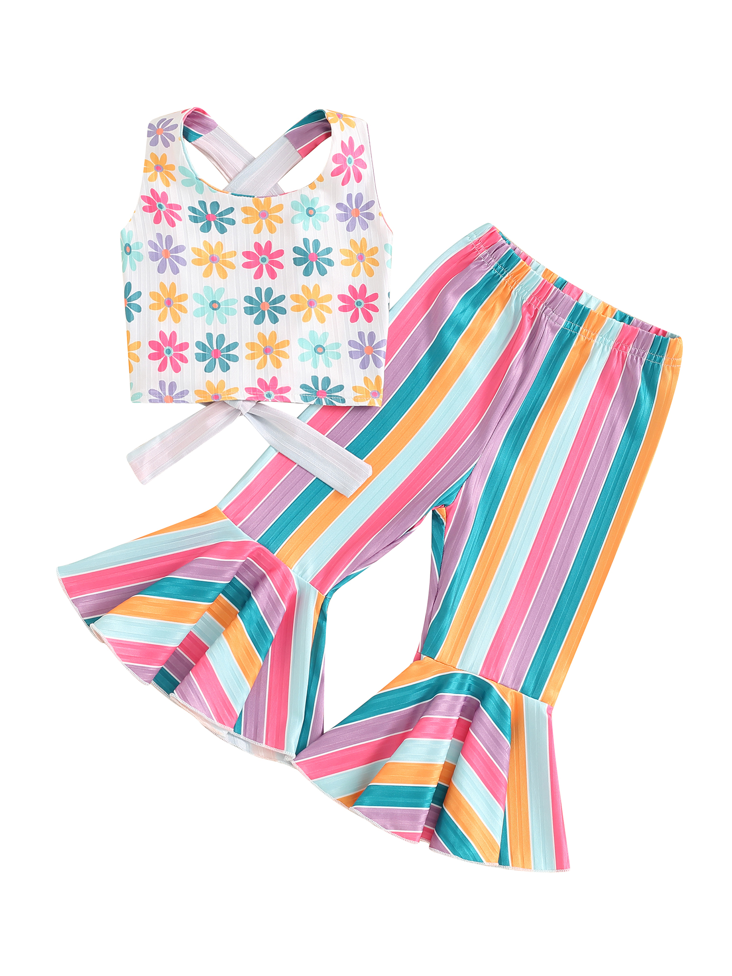 Suealasg Toddler Girls Summer Outfits Flower Print Back Tie-up Tank ...