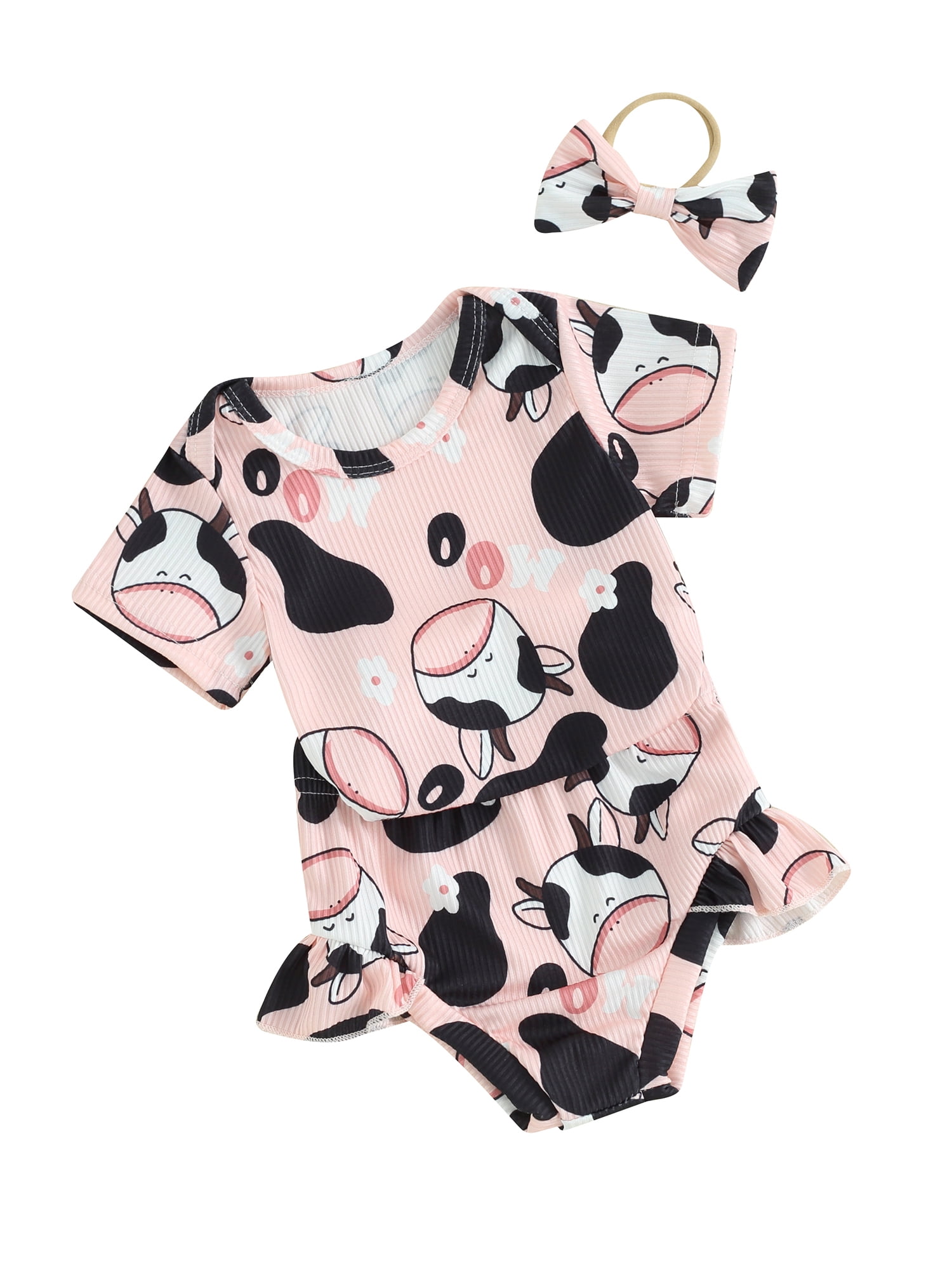 Suealasg Western Baby Girl Outfits Clothes Short Sleeve Cow Print Romper + Ruffled Shorts ...