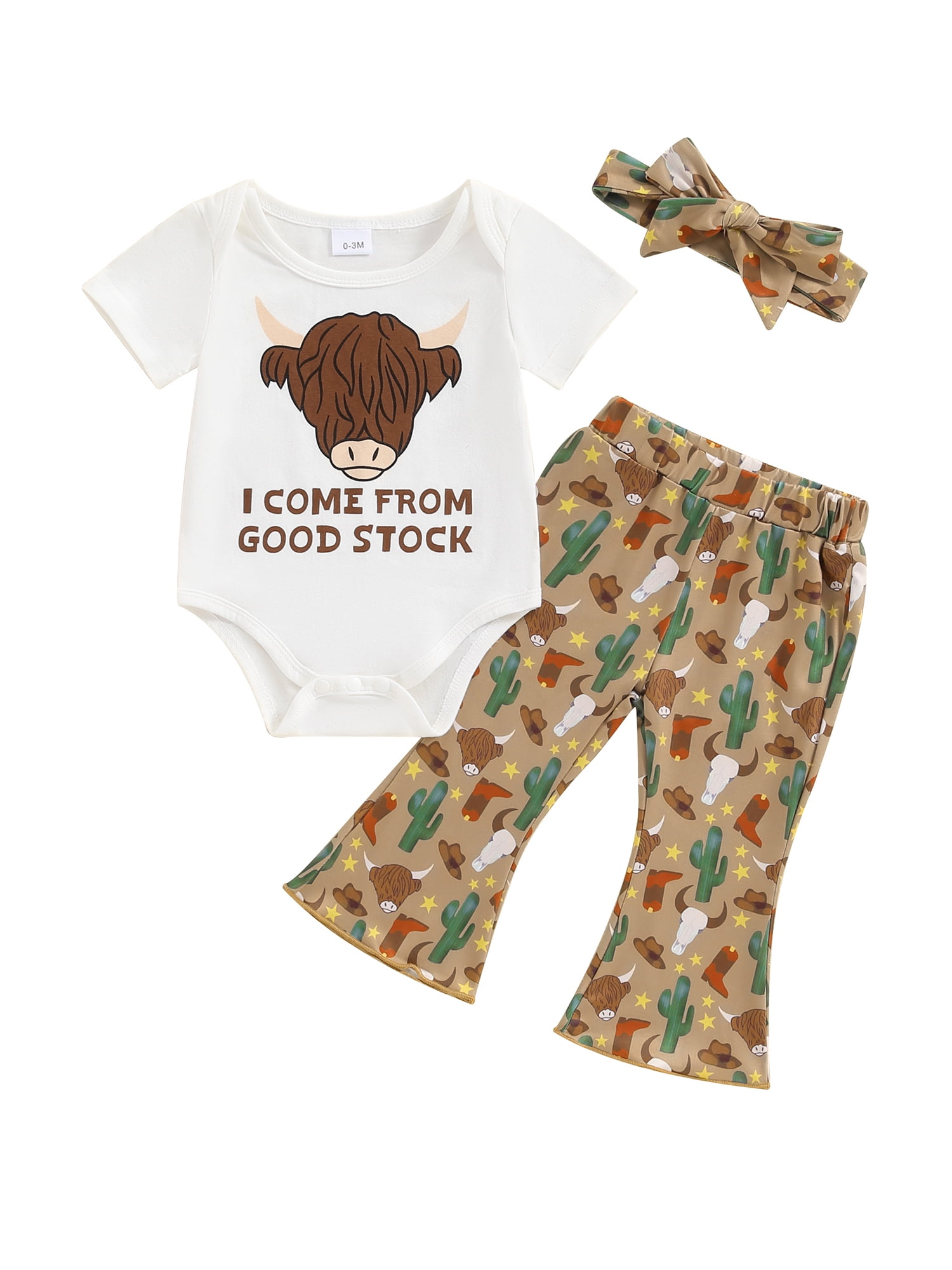 Suealasg Western Baby Girls Clothes Short Sleeves Cow Print Romper and Cow Flare Pants Headband ...