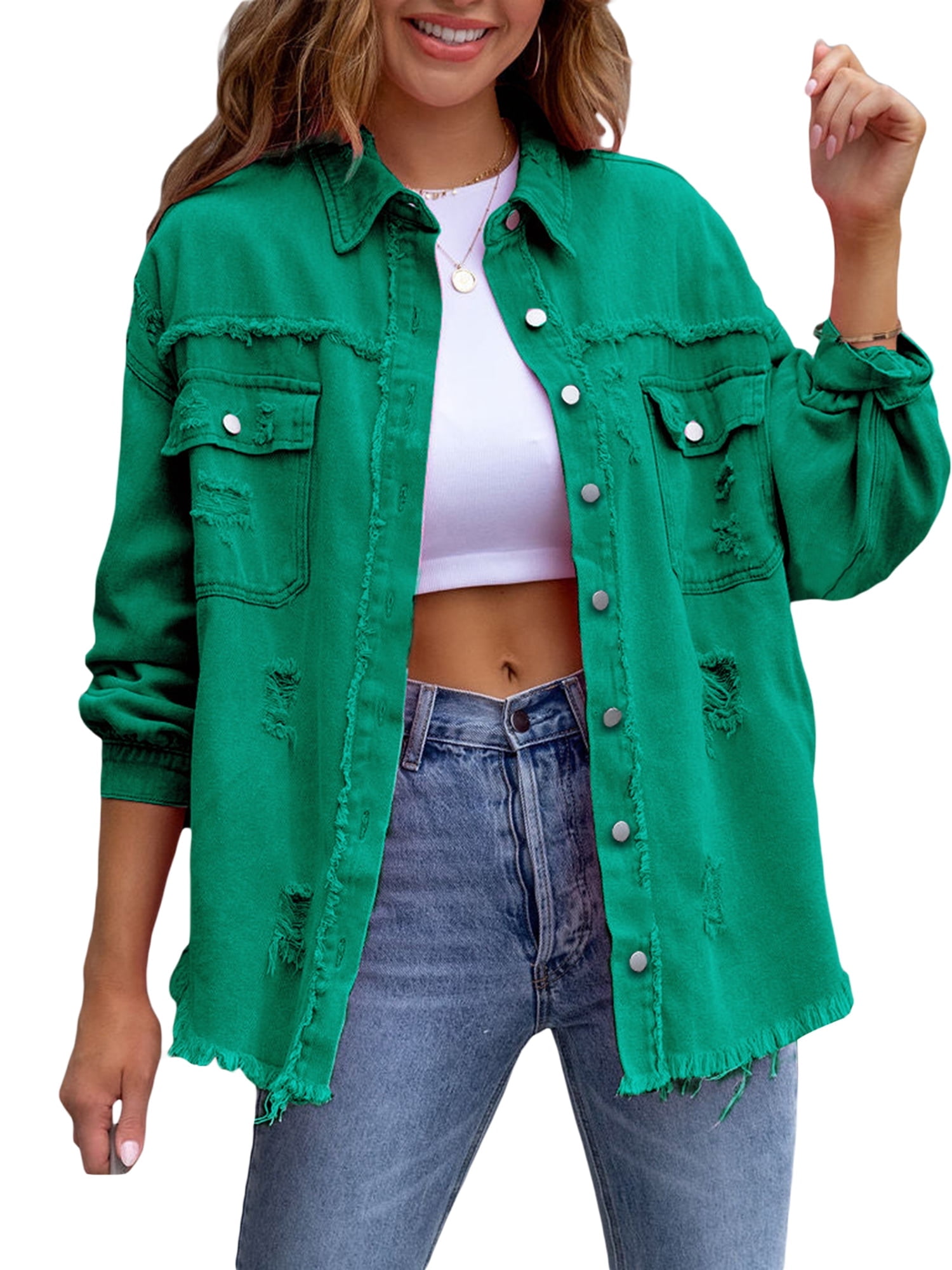 Suealasg Women's Ripped Distressed Denim Jacket Long Sleeve Button Down ...