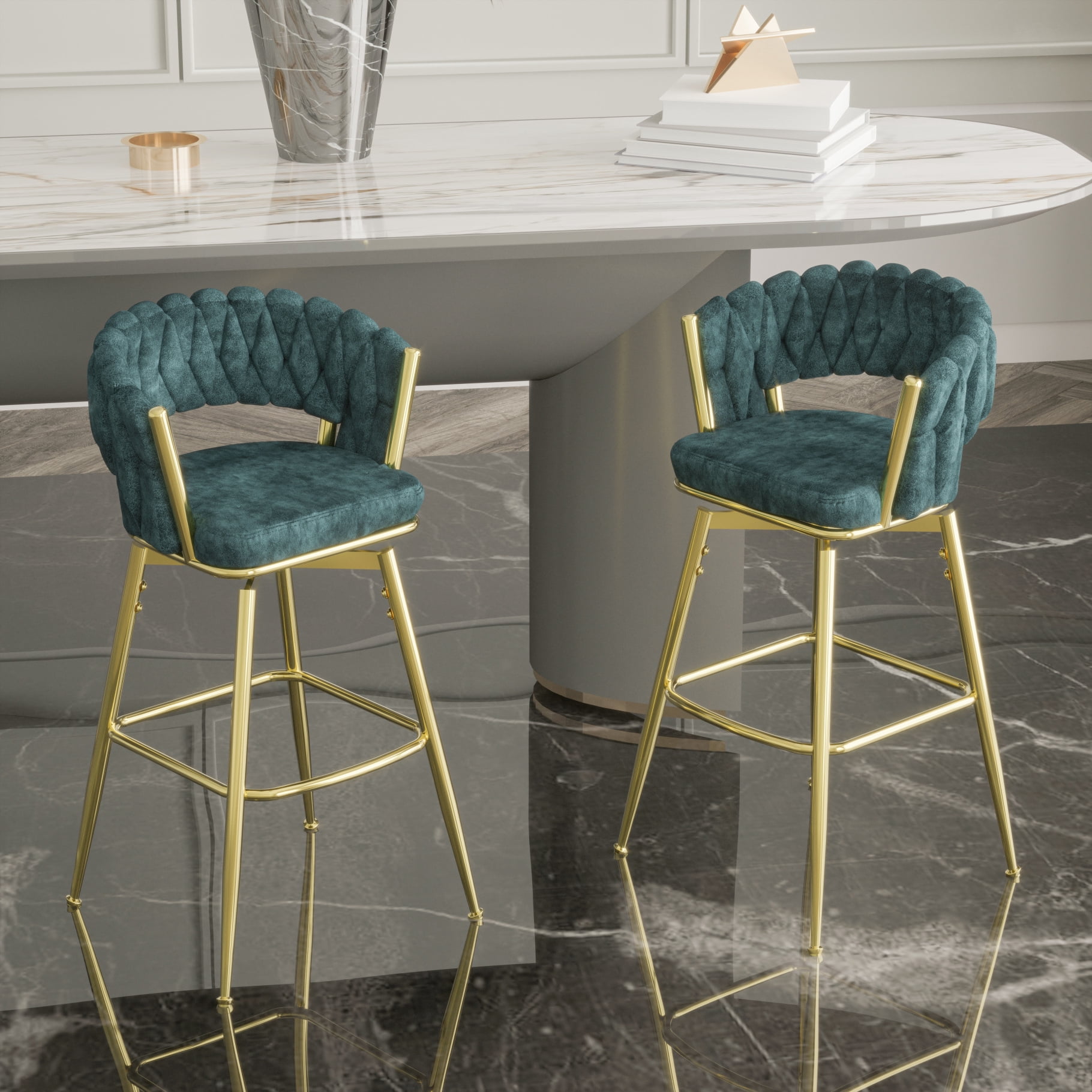 Suede Fabric Bar Stool Set of 2, Upholstered 360° Swivel Bar Chairs ...