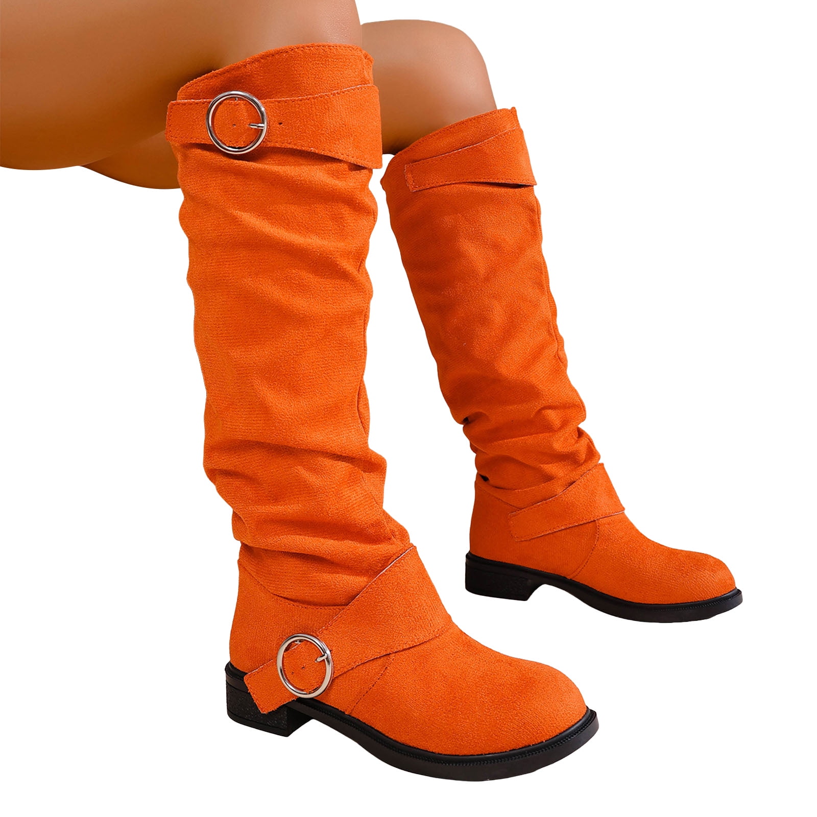 Suede Knee High Boots Women Slouchy Round Toe Chunky Heel Tall Riding ...