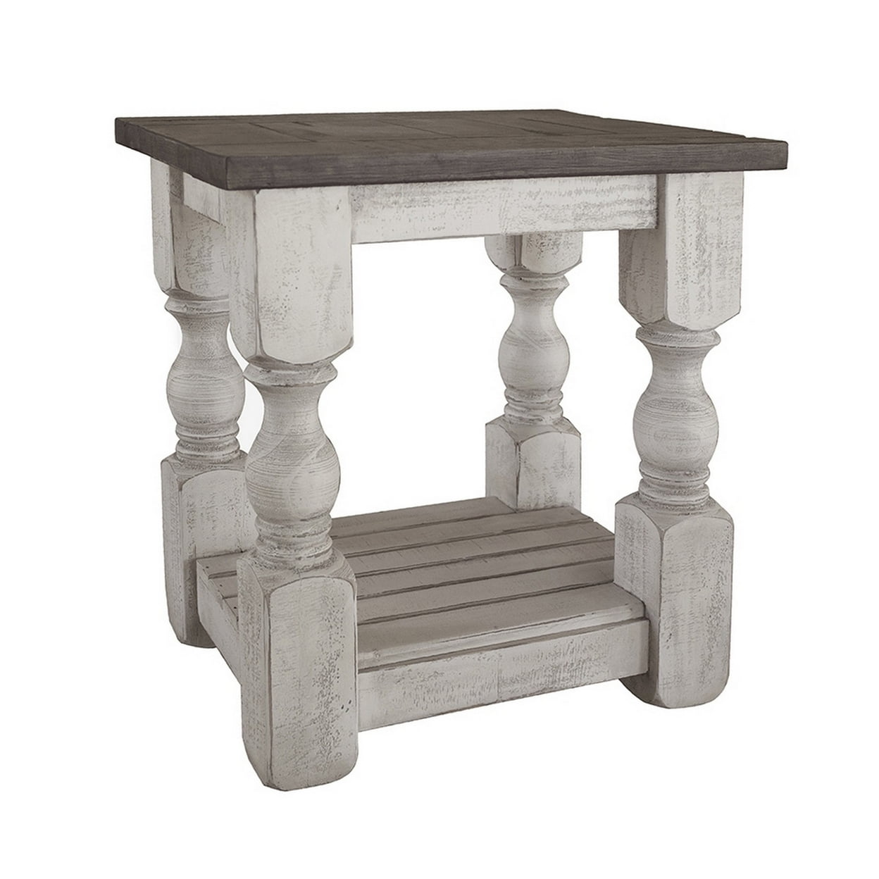 Suga 24 Inch Chairside Table, Baluster Posts, Pine Wood, Ivory and Gray ...