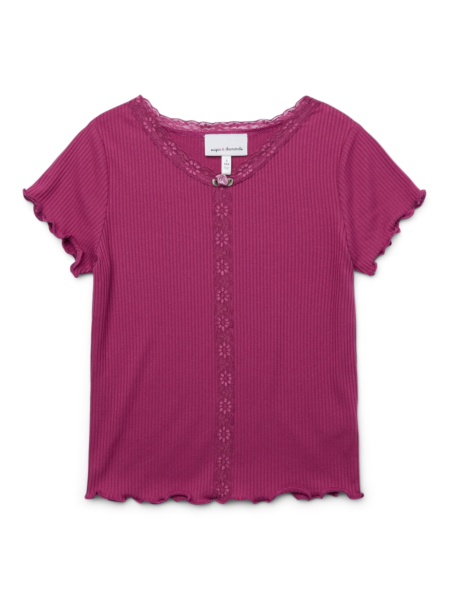 Sugar & Diamonds Girls Ribbed Short Sleeve Top with Rosette, Sizes 4-18 ...