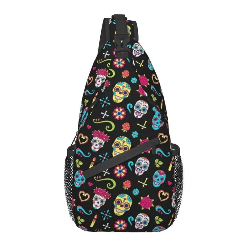 Sugar Skull And Roses Flowers Sling Crossbody Chest Bag Men Casual ...