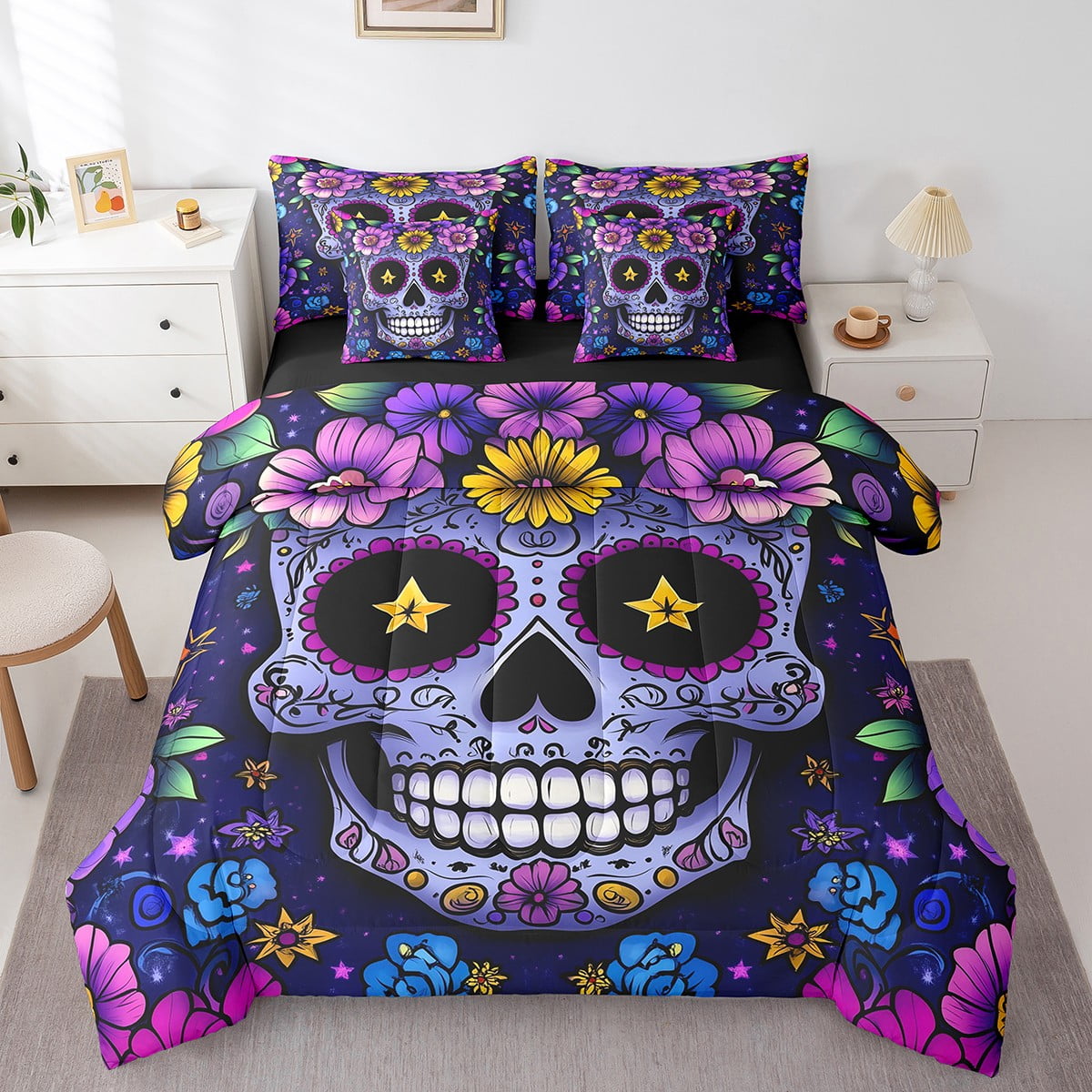 Sugar Skull Bed In A Bag,Goth Skeleton Bones Bedding Set Twin Size ...