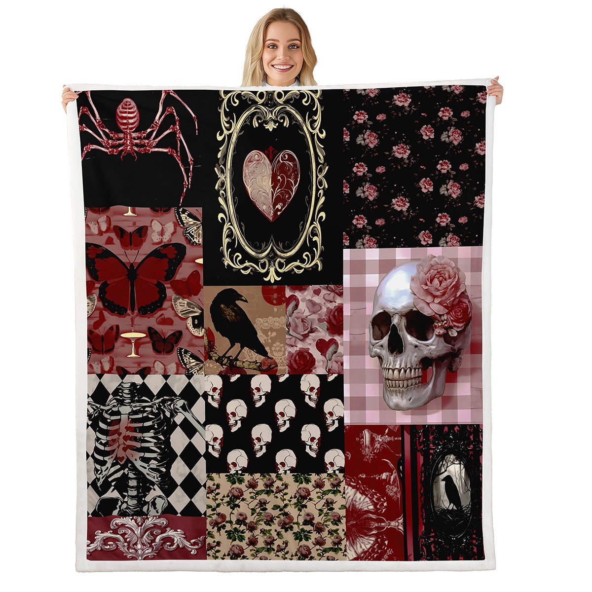 Sugar Skull Bed Blanket,Gothic Crow Moth Pattern Throw Blanket,Vintage ...