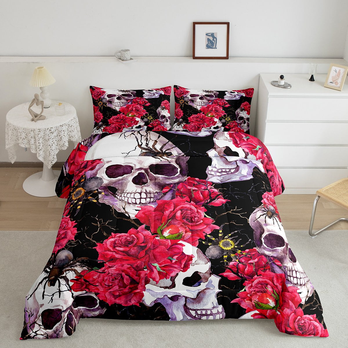 Sugar Skull Bedding Set Twin Size,Red Rose Comforter Set,Gothic Spiders ...