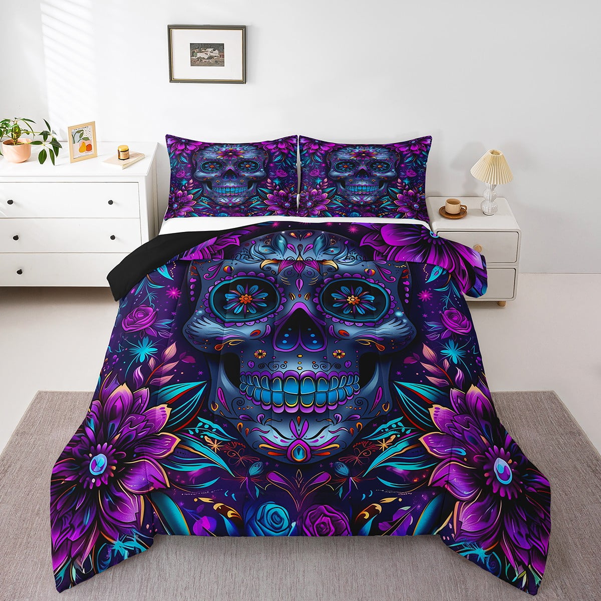 Sugar Skull Bedding Sets Full Size,Gothic Skeleton Bones Comforter Sets Teens Bedroom Decor,Goth ...