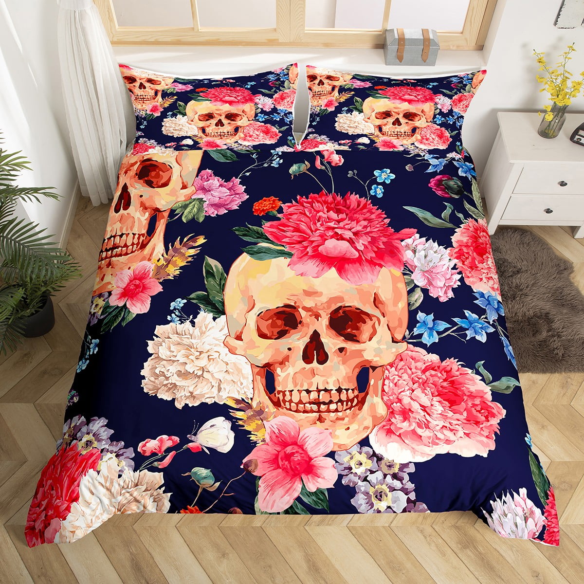 Sugar Skull Comforter Cover Teens Floral Skull Bedding Set Halloween ...