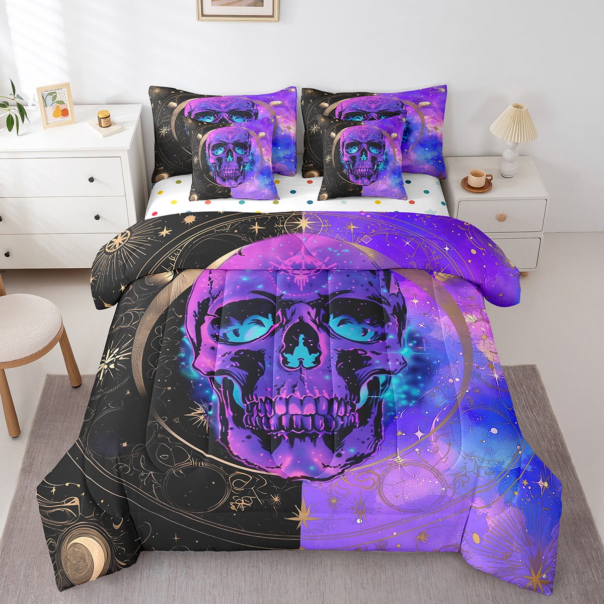 Sugar Skull Comforter Set 7 Piece Bed in a Bag Twin Goth Skeleton ...