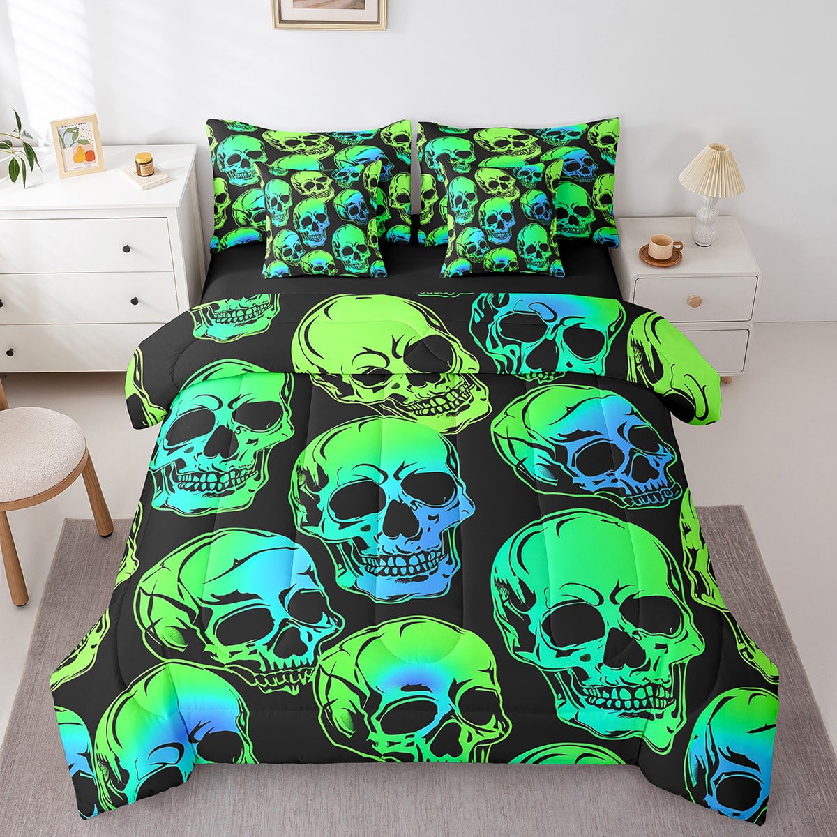 Sugar Skull Comforter Set - 7 Pieces Bed in a Bag Set,Gothic Green ...