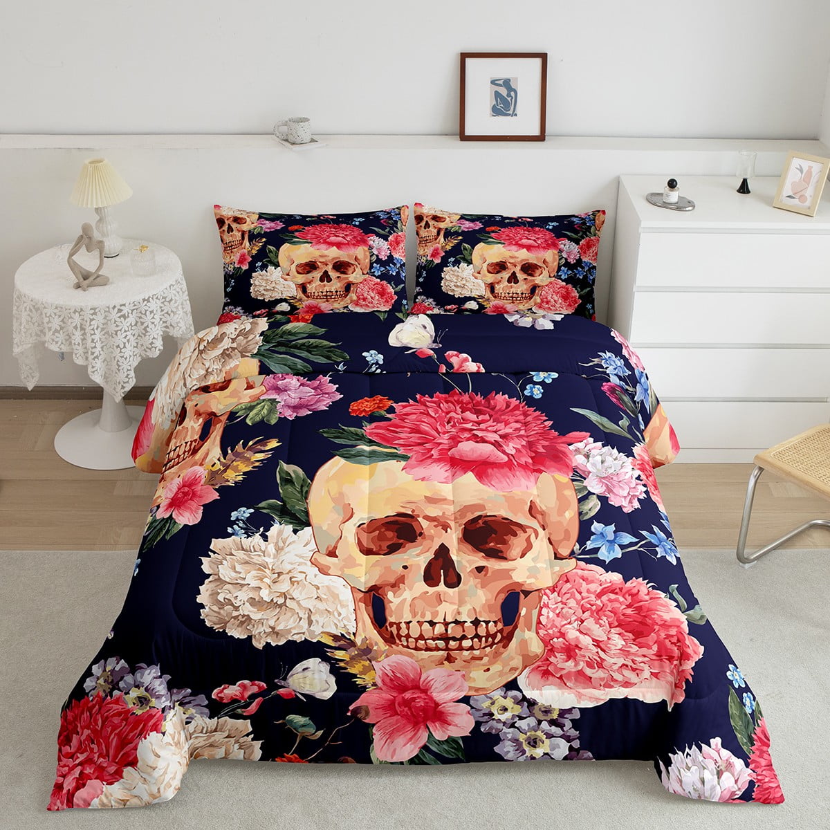 Sugar Skull Comforter Set for Boys Teens Girls Floral Skull Bedding ...