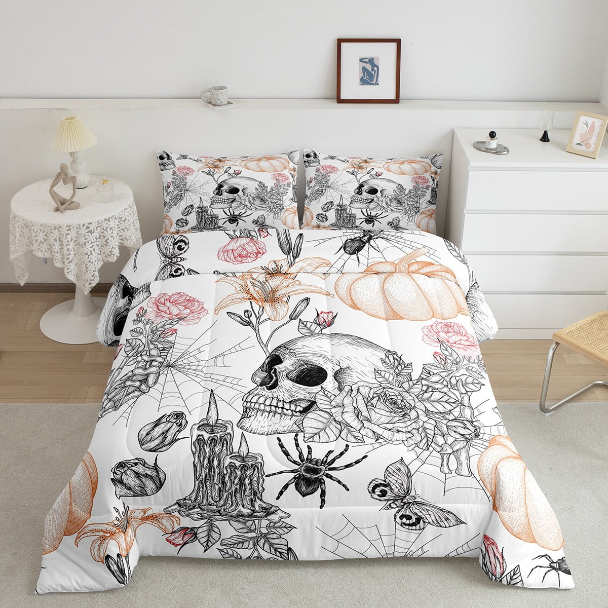 Sugar Skull Comforter Set Full Size,Pink White Floral Bedding Women ...