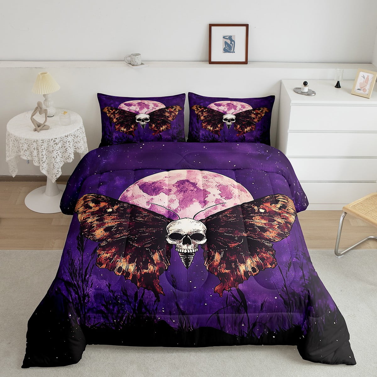 Sugar Skull Comforter Set Queen Size Death Moth Print Bedding Happy ...