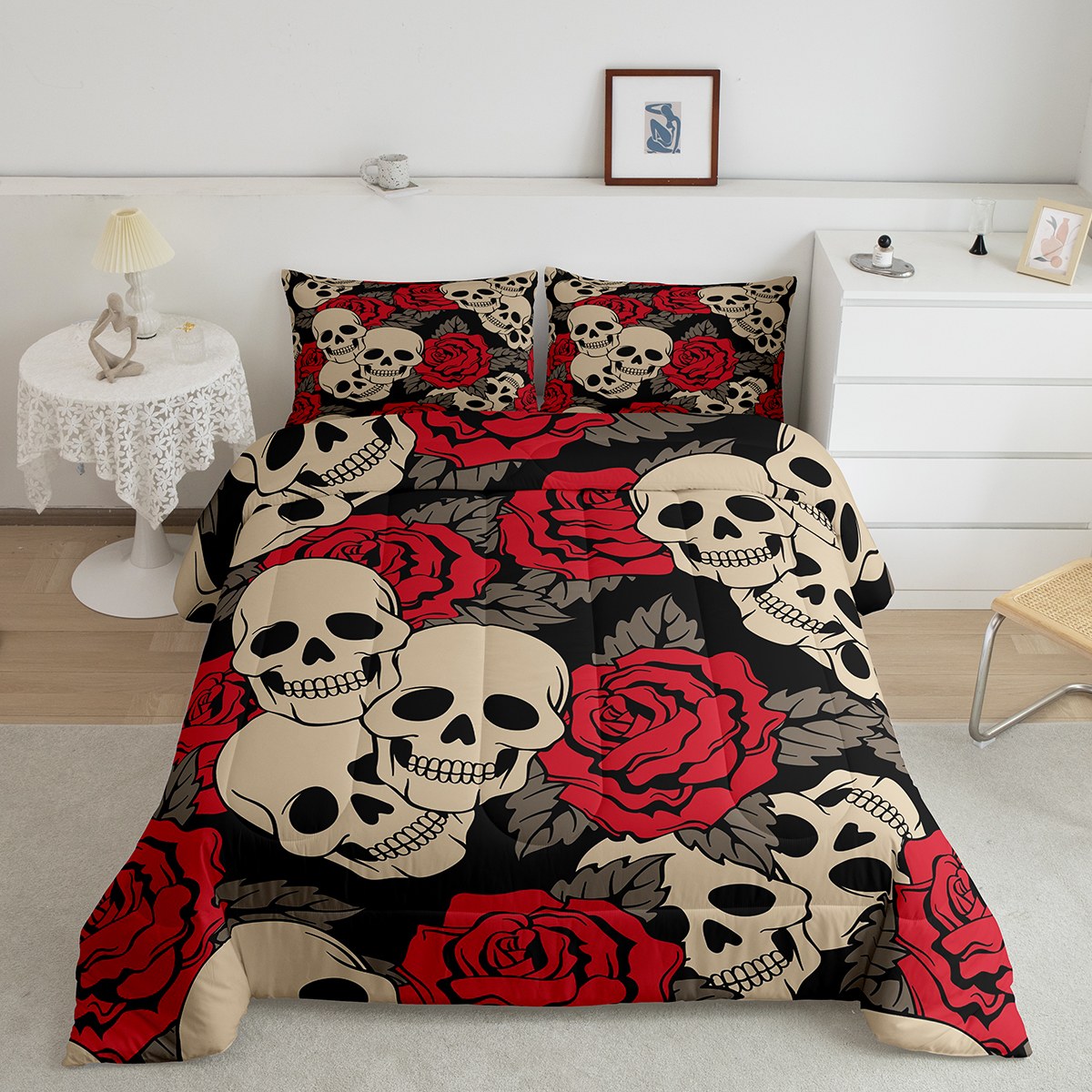 Sugar Skull Comforter Set,Red Floral Bedding Set,Gothic Skull Print ...