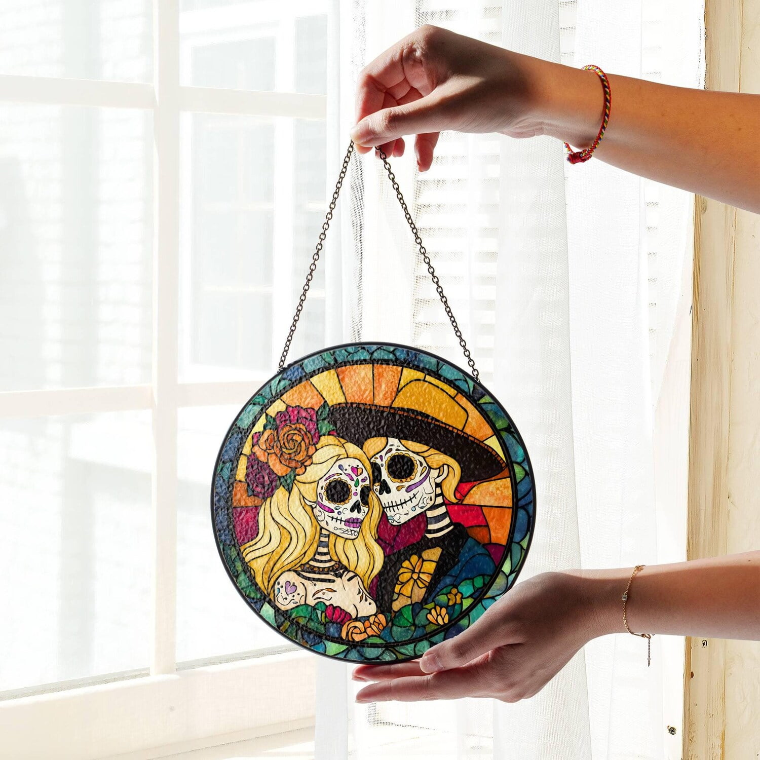 Sugar Skull Couple Stained Glass Suncatcher - Dia de los Muertos Decor ...
