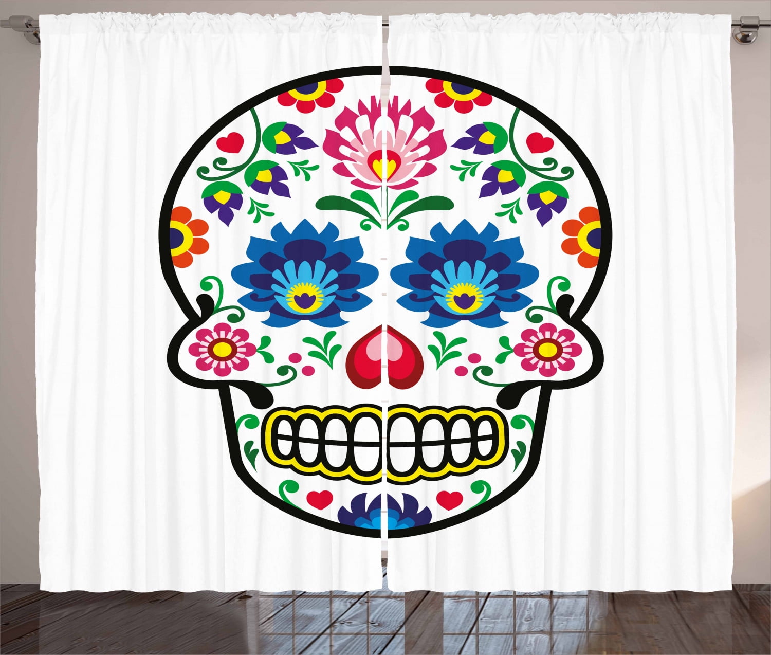Ambesonne Sugar Skull Curtains 2 Panel Set, Polish Folk Art, 108" x 108 ...
