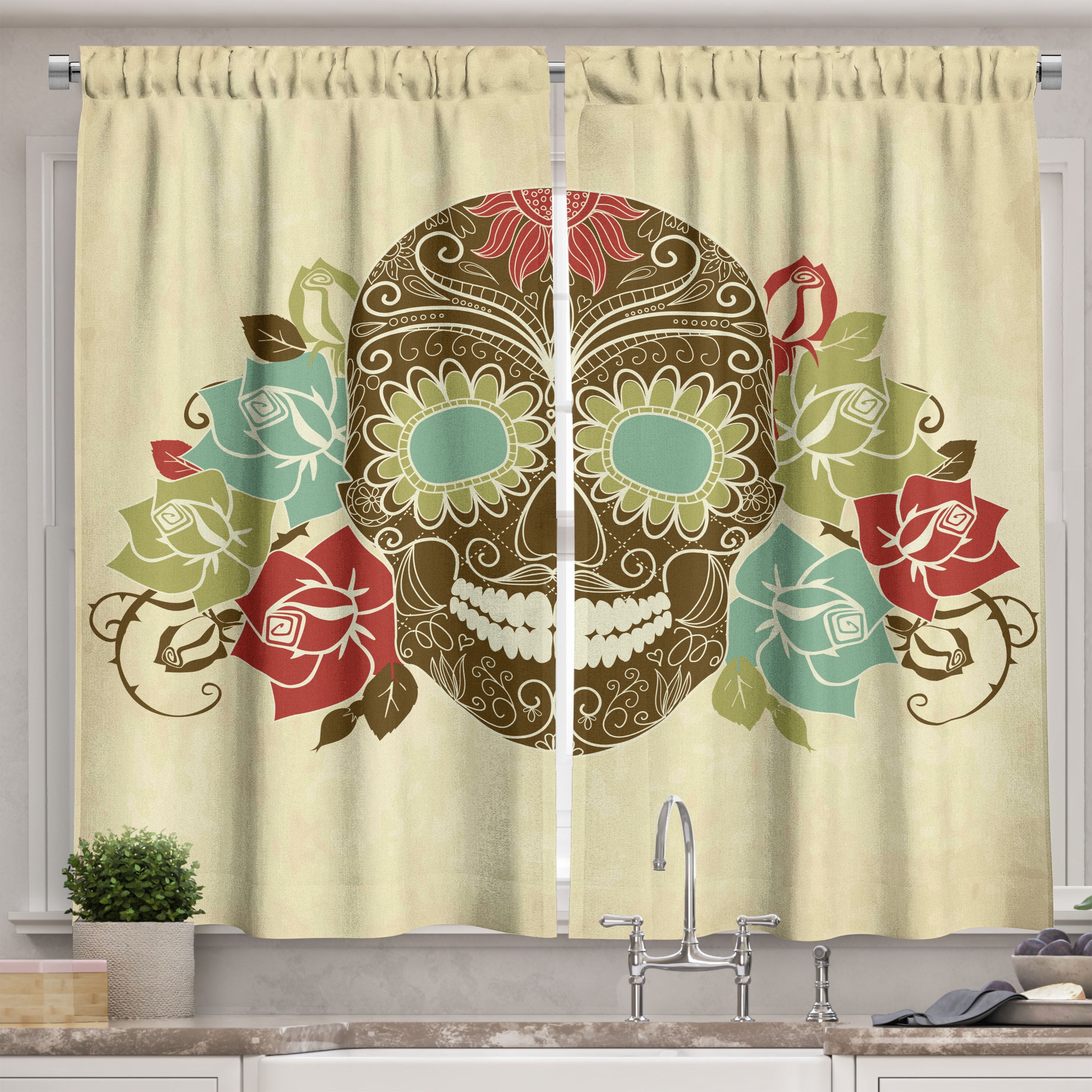 Sugar Skull Curtains 2 Panels Set, Skull and Roses Colorful Vintage ...