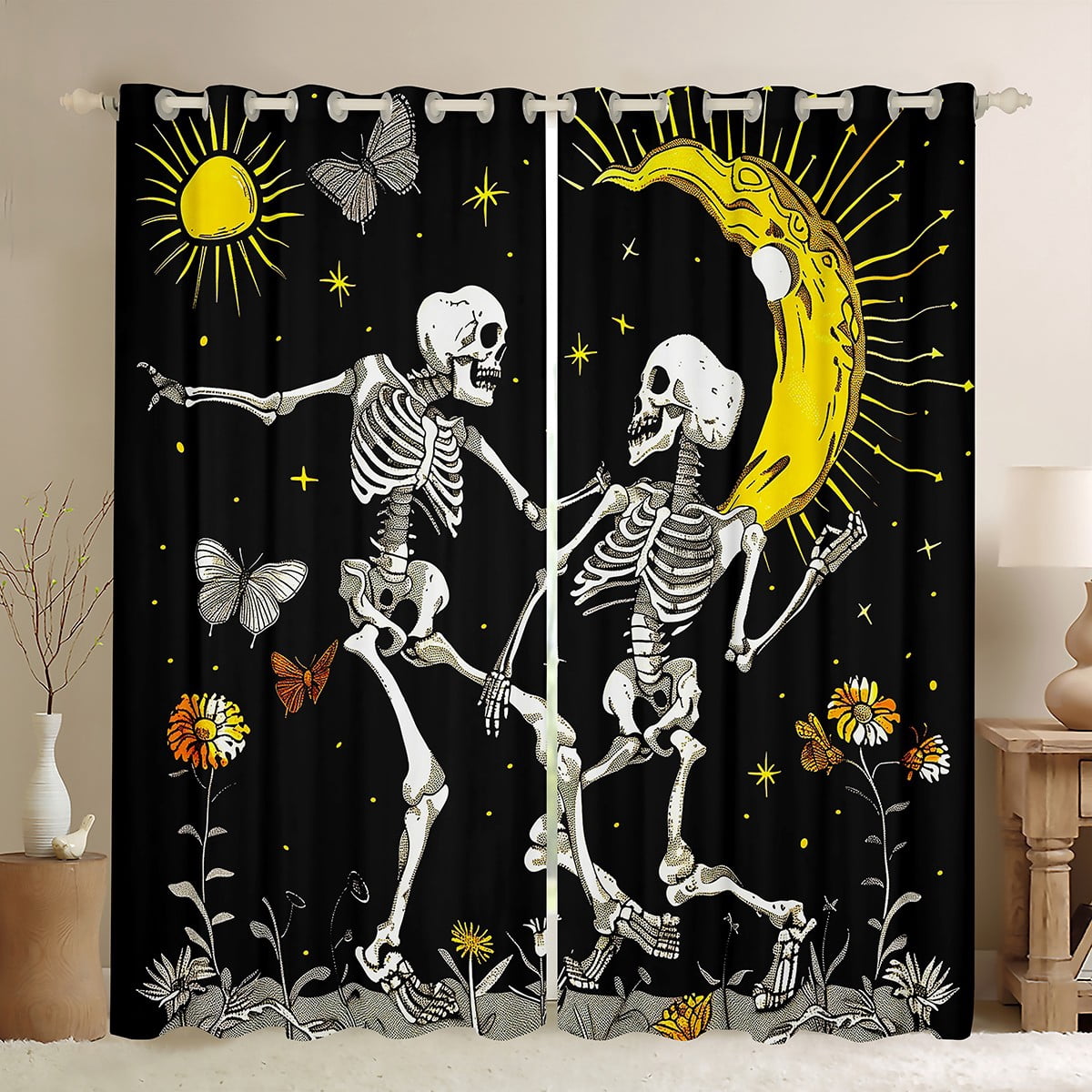 Sugar Skull Curtains Gothic Style Blackout Curtains Sun and Moon Print ...