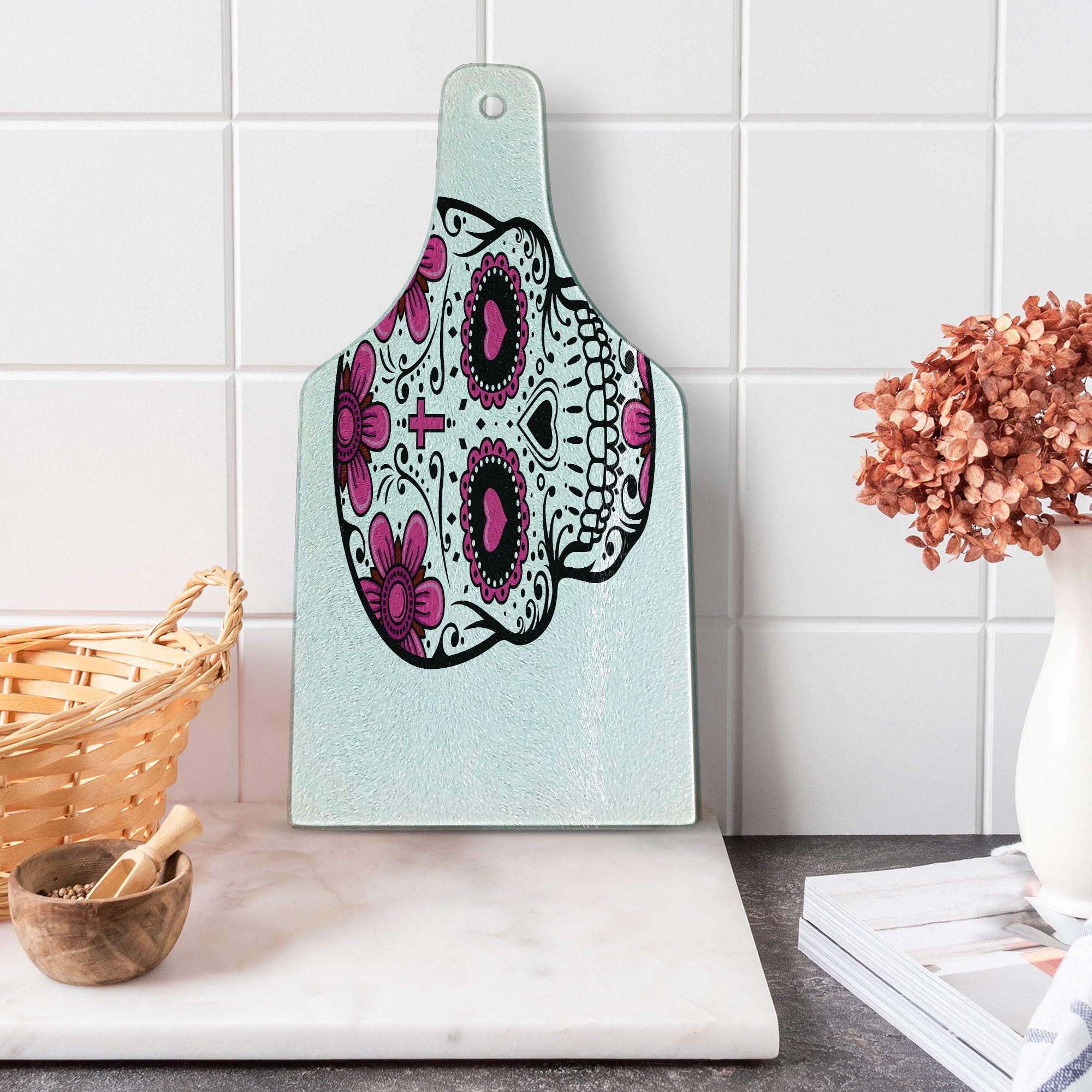 Sugar Skull Cutting Board, Flowers and Hearts Swirls Cruciform Gothic ...