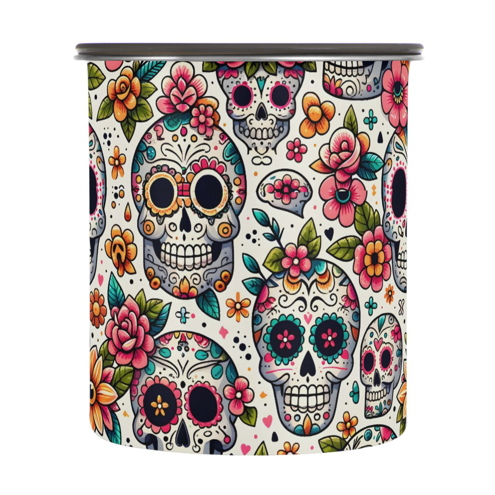 Sugar Skull Day Of Dead Flower Airtight Coffee Bean Canister 30oz Food ...
