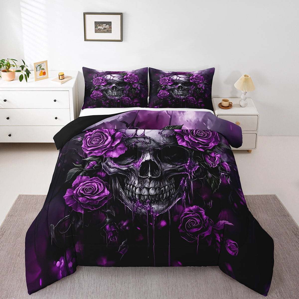 Sugar Skull Down Comforter Adults Room Decor,Purple Rose Flowers ...