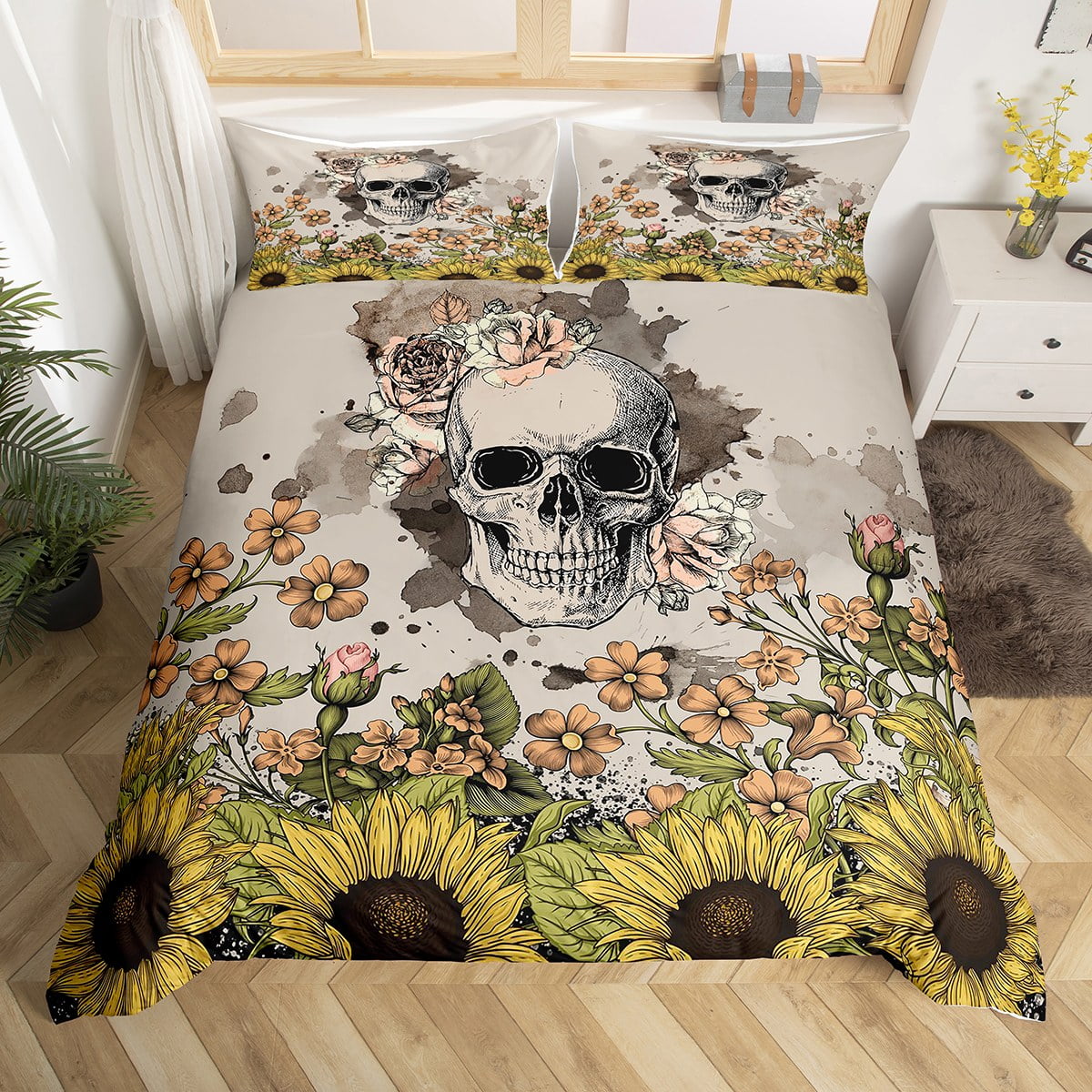 Sugar Skull Duvet Cover Full,Sunflower Bedding Set for Kids Teens Adult ...