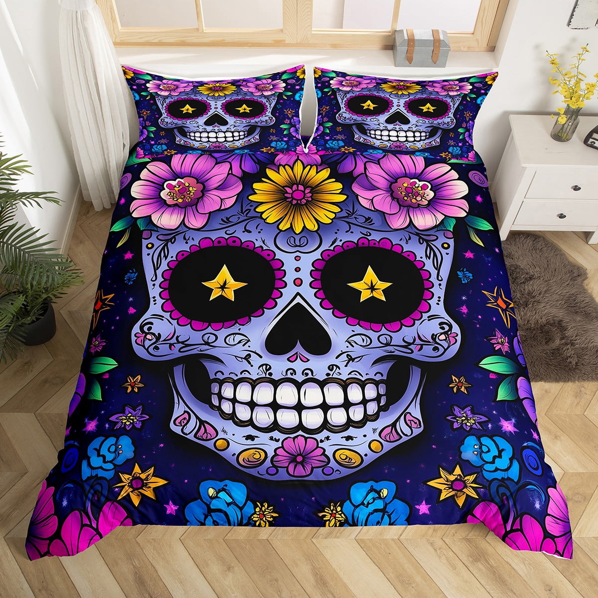 Sugar Skull Duvet Cover,Goth Skeleton Bones Bedding Set Full Size ...
