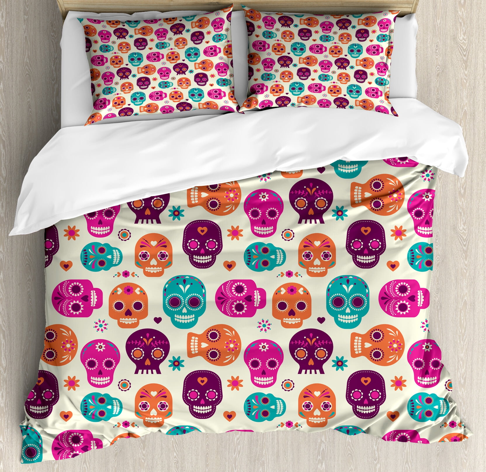 Sugar Skull Duvet Cover Set, Colorful Skull Silhouettes Hearts and ...