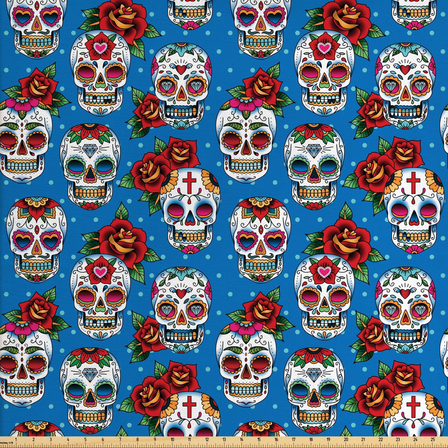 Ambesonne Colorful Fabric by the Yard Upholstery, Floral Roses Skulls ...
