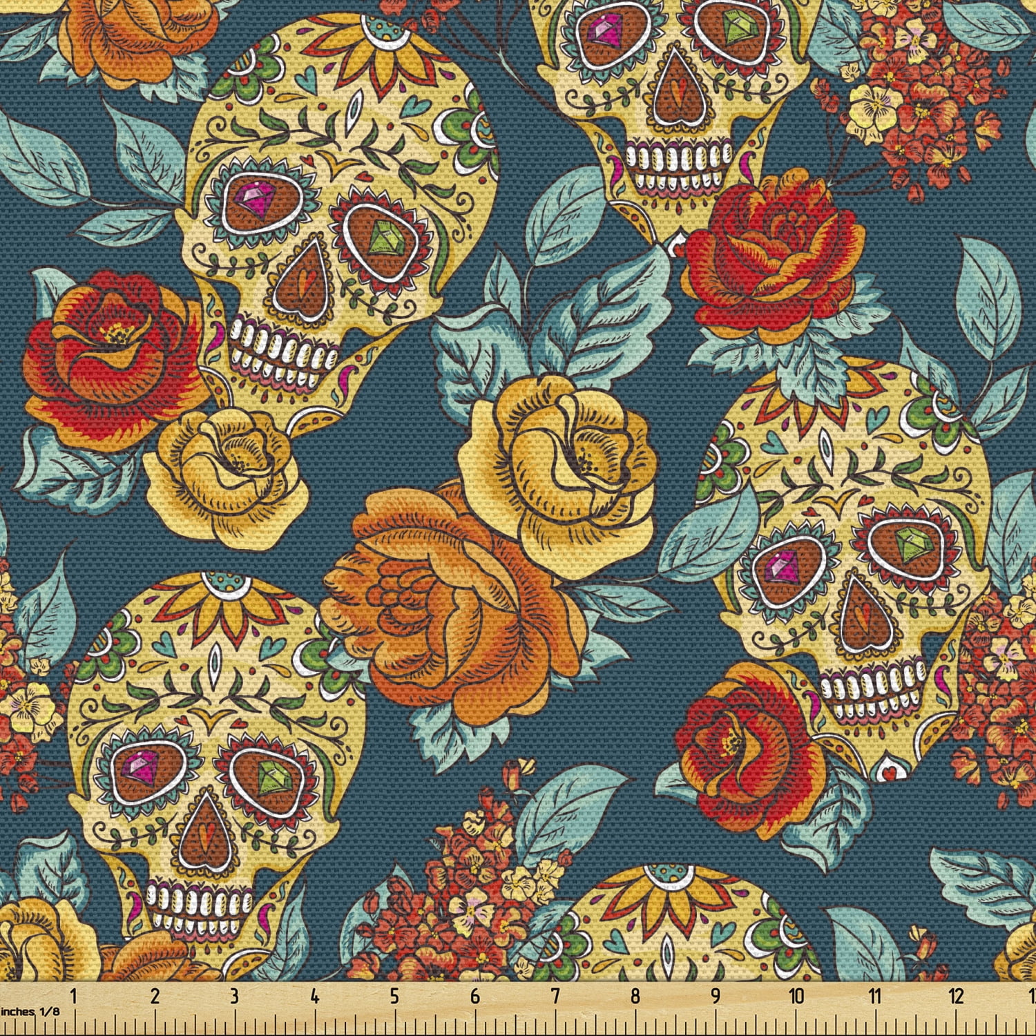 Ambesonne Sugar Skull Fabric by the Yard Upholstery, Diamond Eyes Roses ...