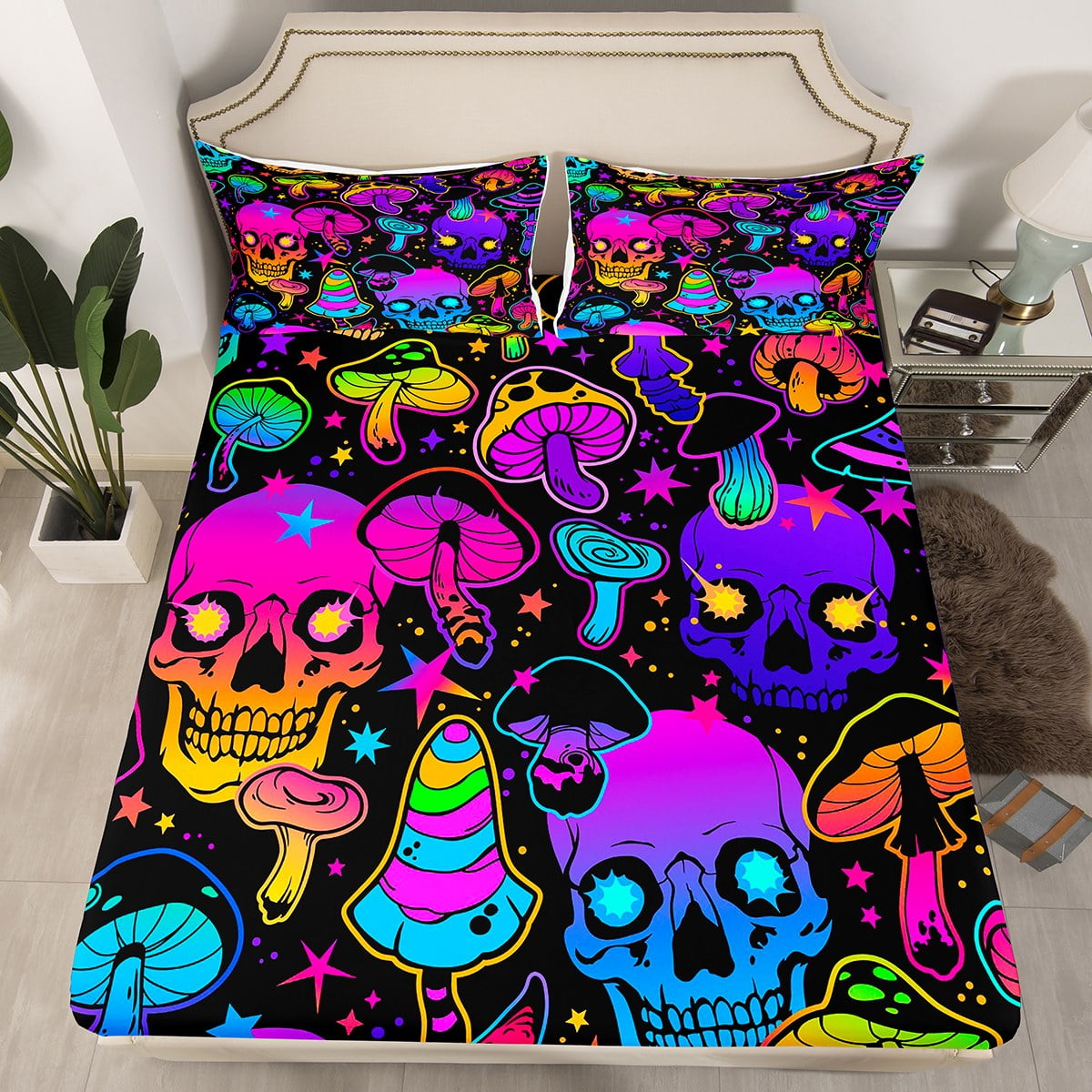 Sugar Skull Fitted Sheet Gothic Bed Sheets Twin,Rainbow Mushroom ...