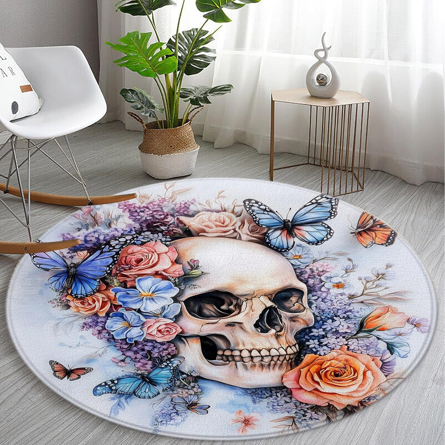 Sugar Skull Floral Round Area Rug Spooky Skeleton Flower Butterfly ...