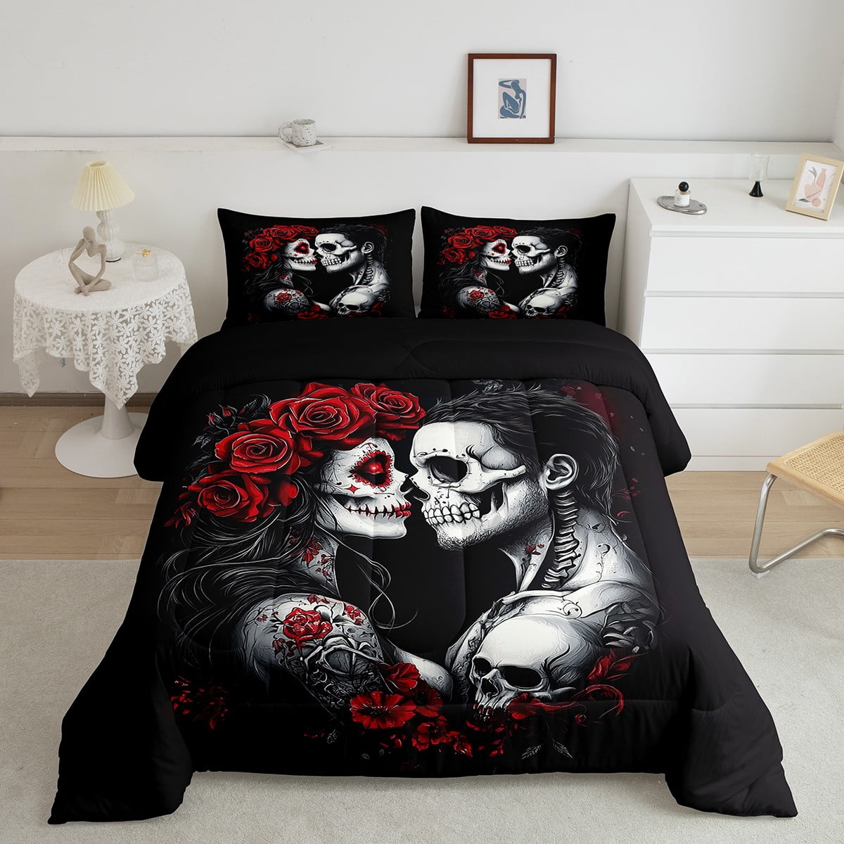 Sugar Skull Full Comforter Set,Gothic Skeleton Floral Bedding Set ...