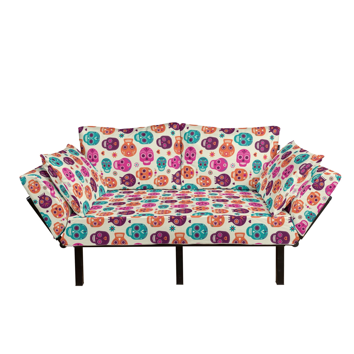 Sugar Skull Futon Couch, Colorful Skull Silhouettes Hearts and Flowers ...