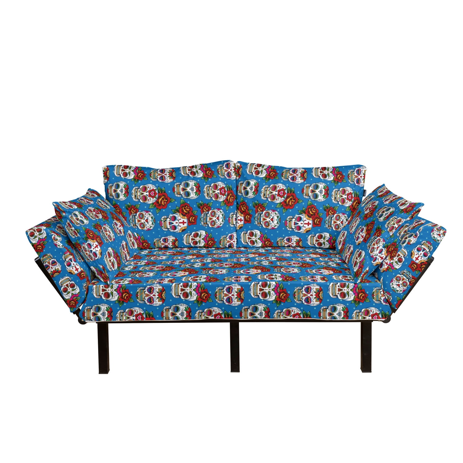 Sugar Skull Futon Couch, Retro Style Mexican Cultural Pattern on Polka ...