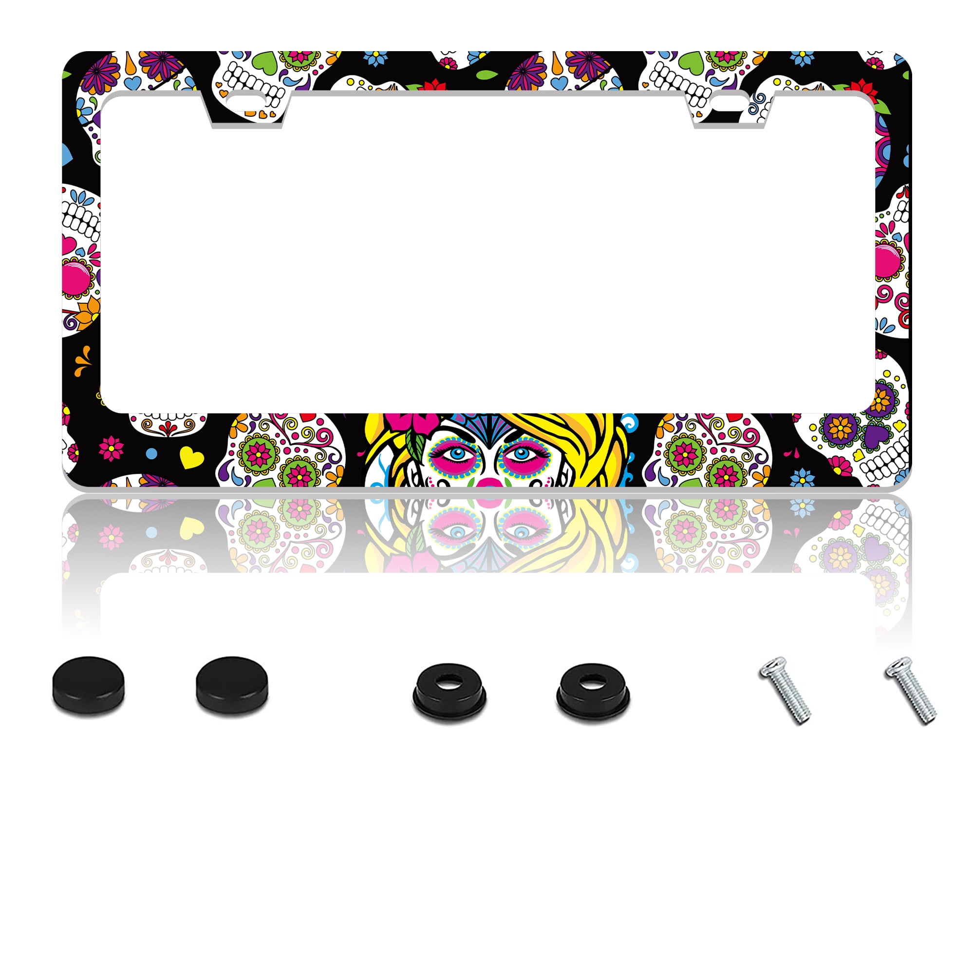 Sugar Skull Girl Flowers License Plate Frame Metal Car Accessories ...