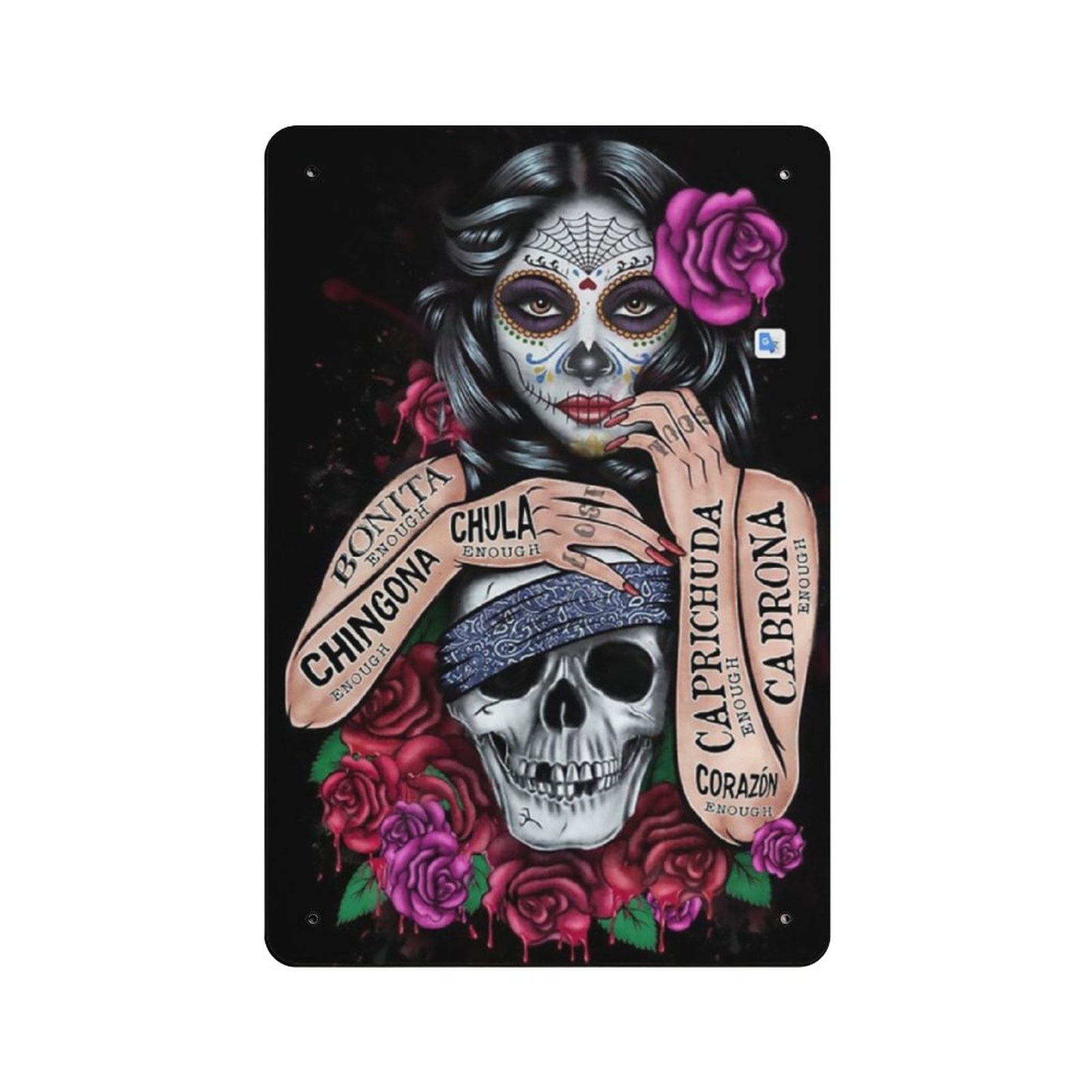 Sugar Skull Girl tin sign, Girl Tattoos Skull With Flower tin sign ...