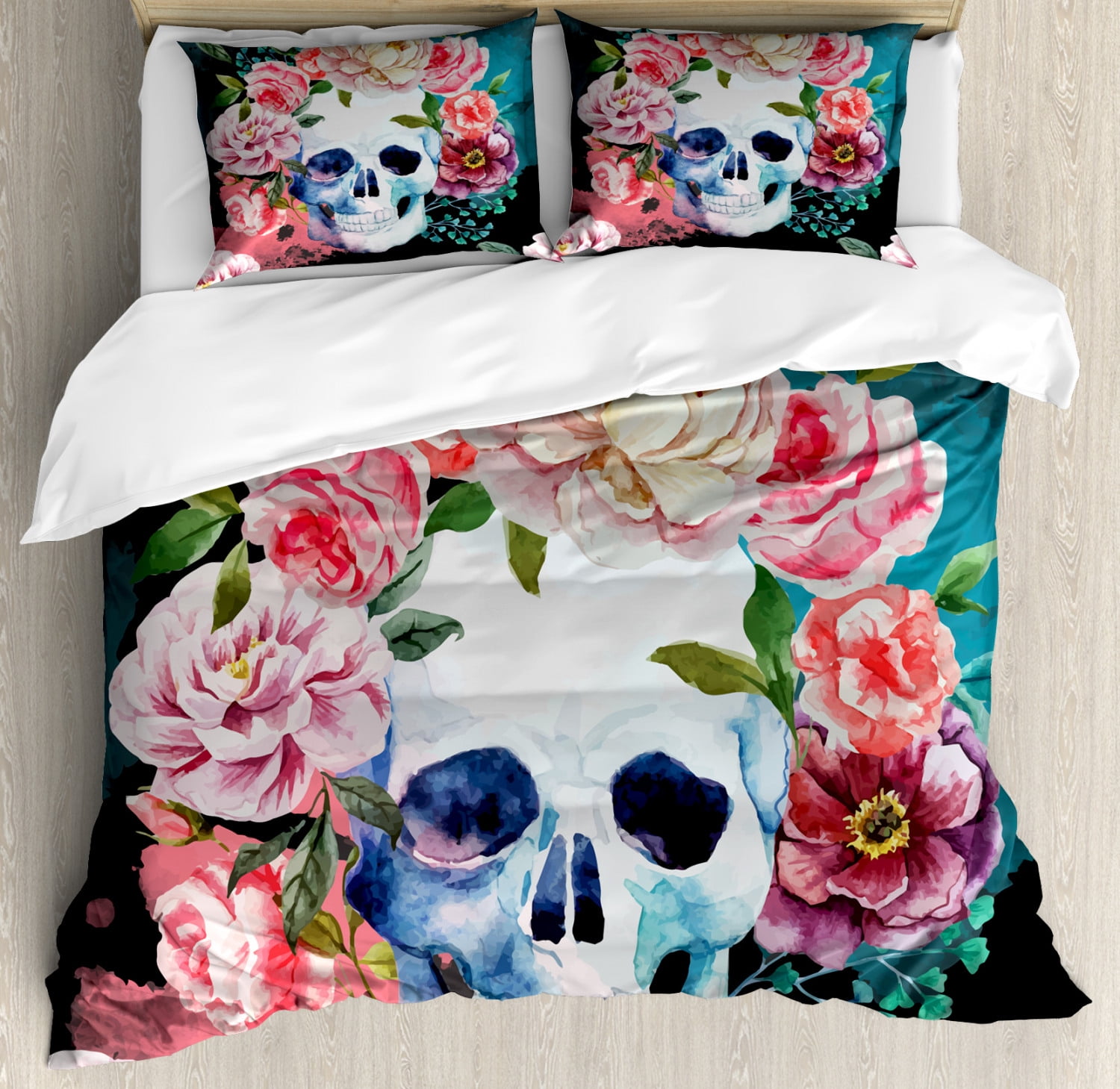 Sugar Skull King Size Duvet Cover Set, Watercolor Style Gothic Skull ...