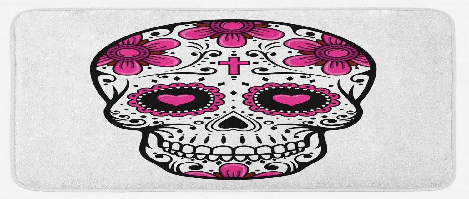 Sugar Skull Kitchen Mat, Flowers and Hearts Swirls Cruciform Gothic ...
