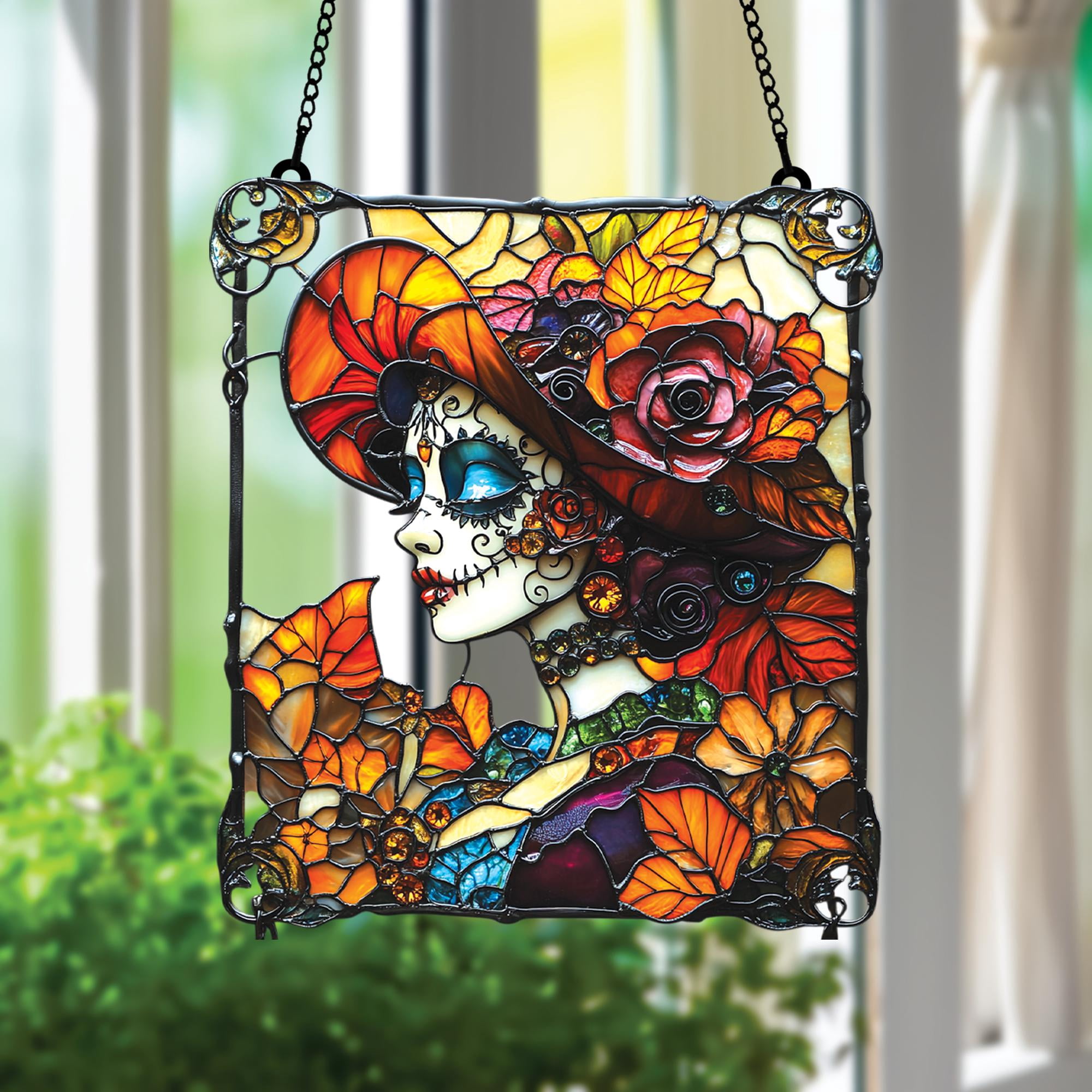 Sugar Skull Lady Acrylic Suncatcher Faux Glass DÃ­a de los Muertos ...
