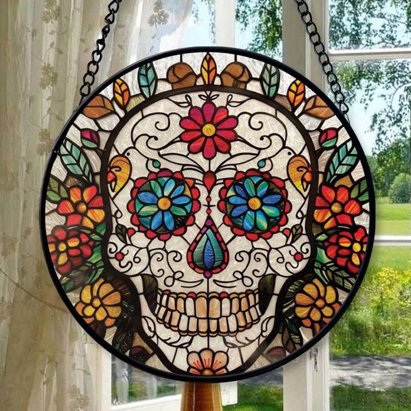 Sugar Skull with Leaves: Stained Glass-Style Christmas Ornament - Made ...